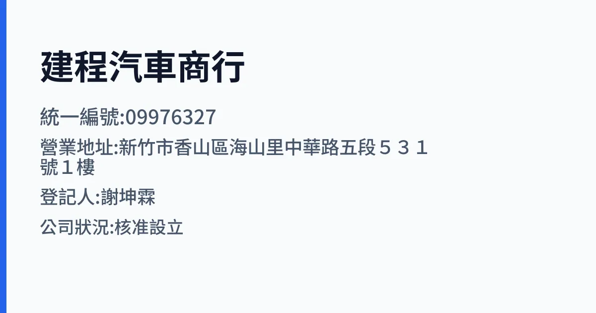 建程汽車商行 - 統編 09976327(新竹市) 公司登記資料與營業項目詳細圖表