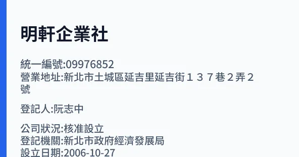 明軒企業社的照片-統編 09976852(新北市) 公司登記資料與營業項目詳細圖表