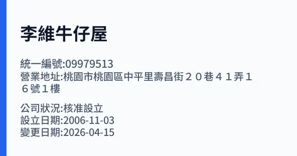 李維牛仔屋的照片-統編 09979513(桃園市) 公司登記資料與營業項目詳細圖表