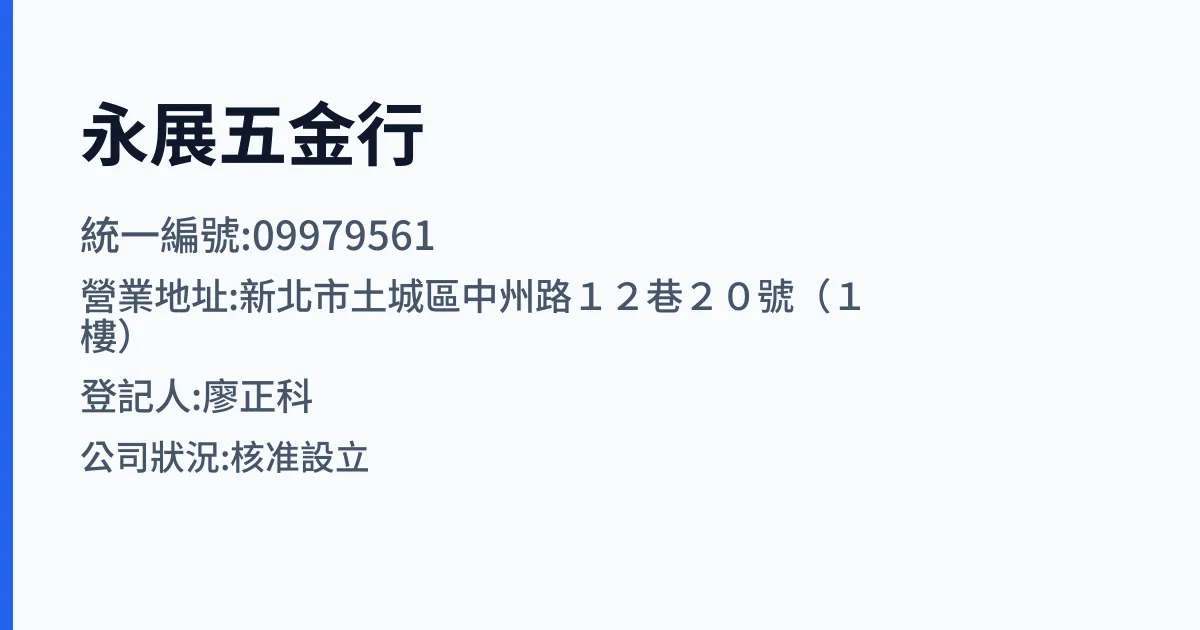 永展五金行 - 統編 09979561(新北市) 公司登記資料與營業項目詳細圖表