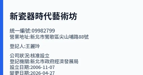 新瓷器時代藝術坊的照片-統編 09982799(新北市) 公司登記資料與營業項目詳細圖表