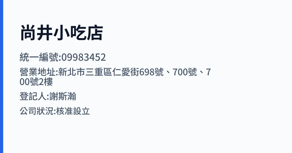 尚井小吃店 - 統編 09983452（新北市） 公司登記資料與營業項目詳細圖表