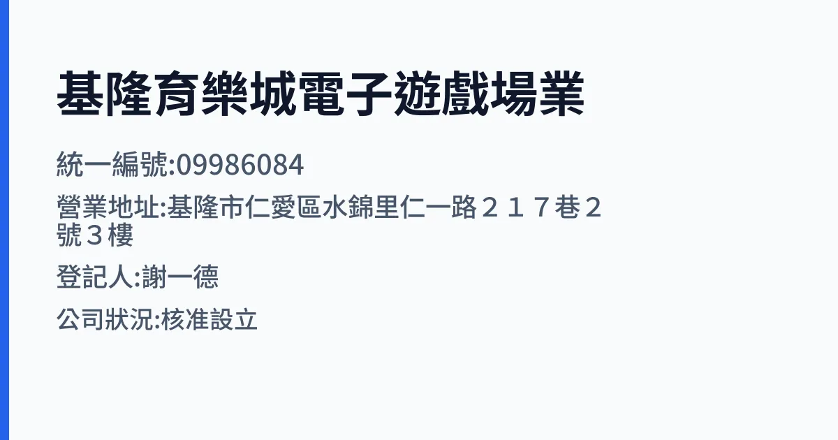 基隆育樂城電子遊戲場業 - 統編 09986084(基隆市) 公司登記資料與營業項目詳細圖表