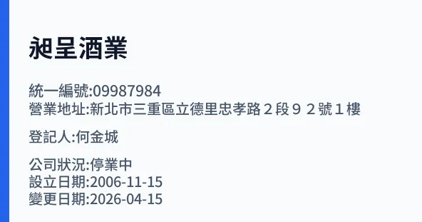 昶呈酒業的照片-統編 09987984(新北市) 公司登記資料與營業項目詳細圖表