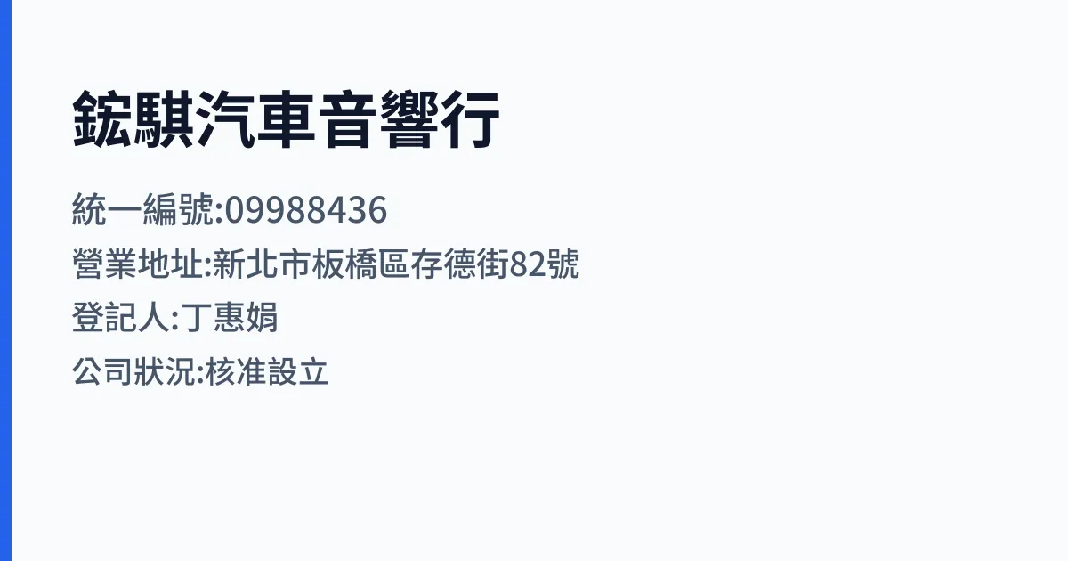 鋐騏汽車音響行 - 統編 09988436(新北市) 公司登記資料與營業項目詳細圖表