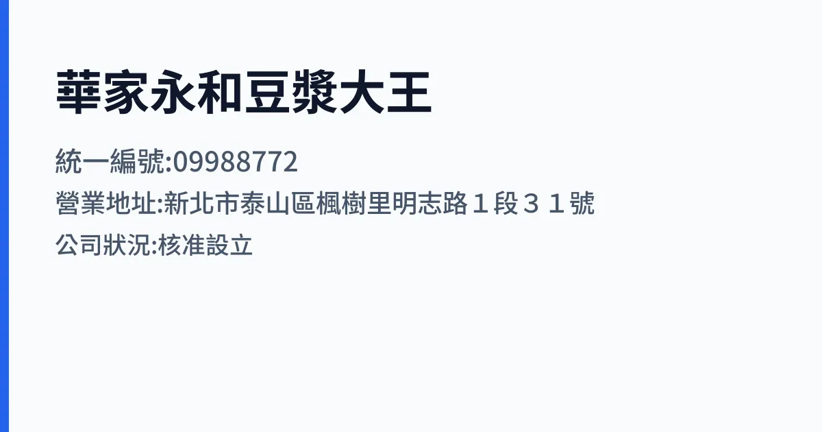 華家永和豆漿大王 - 統編 09988772(新北市) 公司登記資料與營業項目詳細圖表