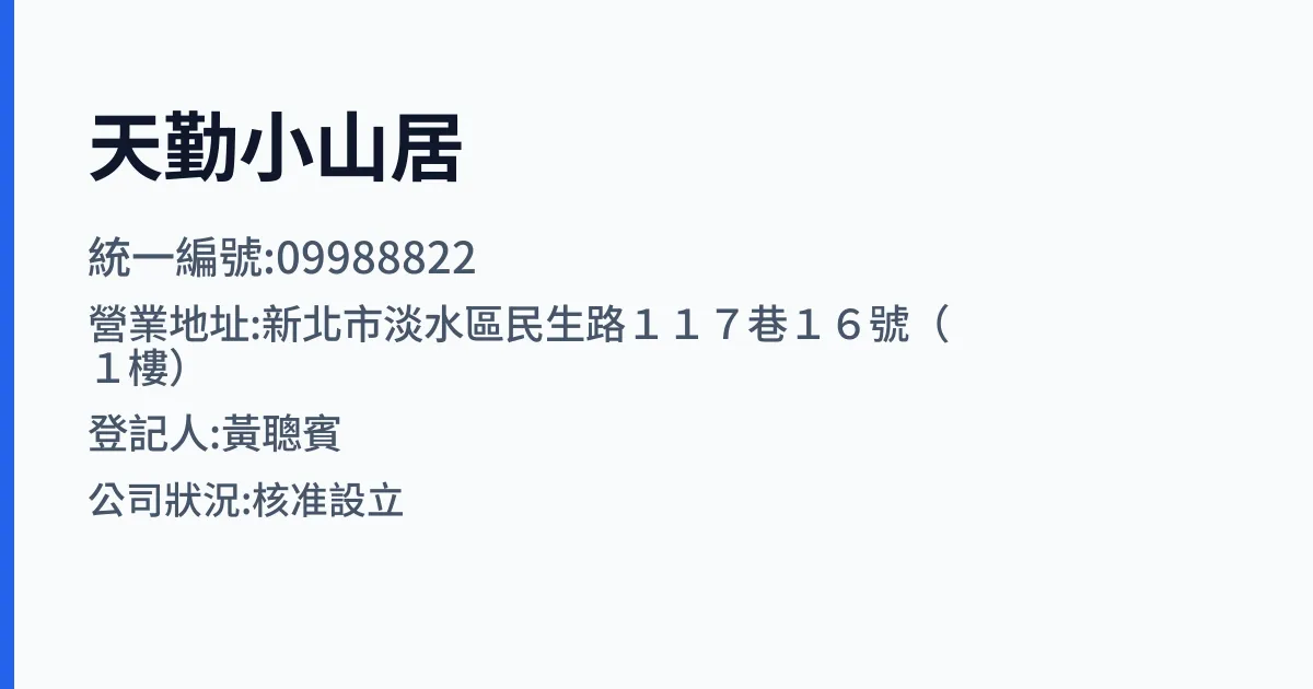 天勤小山居 - 統編 09988822(新北市) 公司登記資料與營業項目詳細圖表
