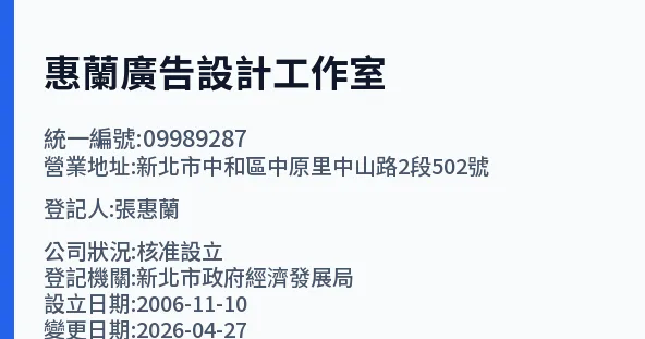 惠蘭廣告設計工作室的照片-統編 09989287(新北市) 公司登記資料與營業項目詳細圖表