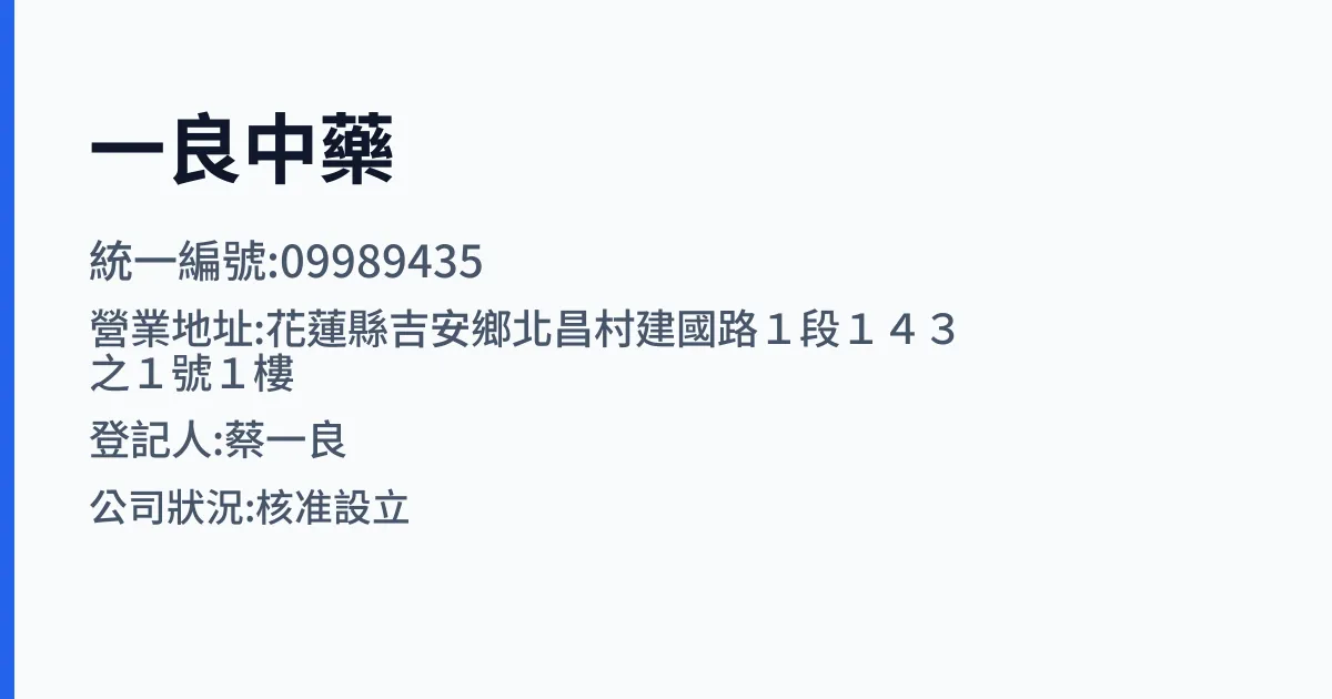 一良中藥 - 統編 09989435(花蓮縣) 公司登記資料與營業項目詳細圖表