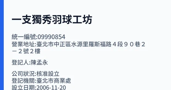 一支獨秀羽球工坊 - 統編 09990854(臺北市) 公司登記資料與營業項目詳細圖表