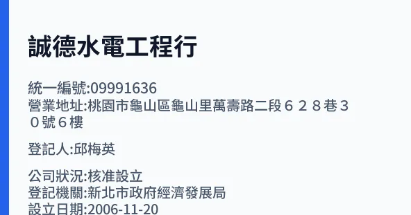 誠德水電工程行的照片-統編 09991636(桃園市) 公司登記資料與營業項目詳細圖表