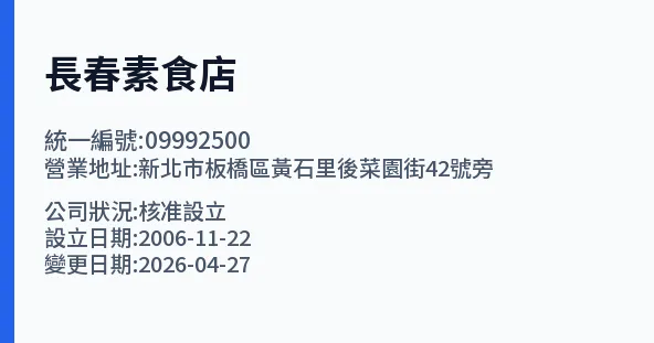 長春素食店的照片-統編 09992500(新北市) 公司登記資料與營業項目詳細圖表