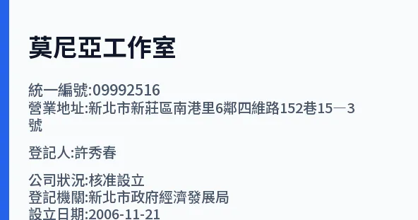 莫尼亞工作室的照片-統編 09992516(新北市) 公司登記資料與營業項目詳細圖表