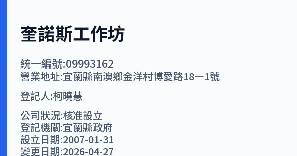 奎諾斯工作坊的照片-統編 09993162(宜蘭縣) 公司登記資料與營業項目詳細圖表