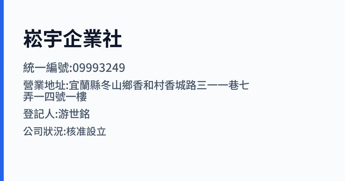 崧宇企業社 - 統編 09993249(宜蘭縣) 公司登記資料與營業項目詳細圖表