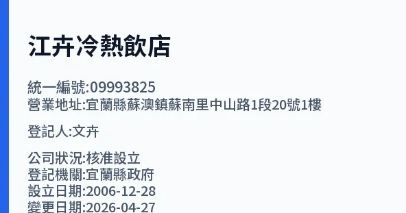 江卉冷熱飲店的照片-統編 09993825(宜蘭縣) 公司登記資料與營業項目詳細圖表