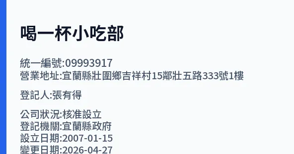 喝一杯小吃部的照片-統編 09993917(宜蘭縣) 公司登記資料與營業項目詳細圖表
