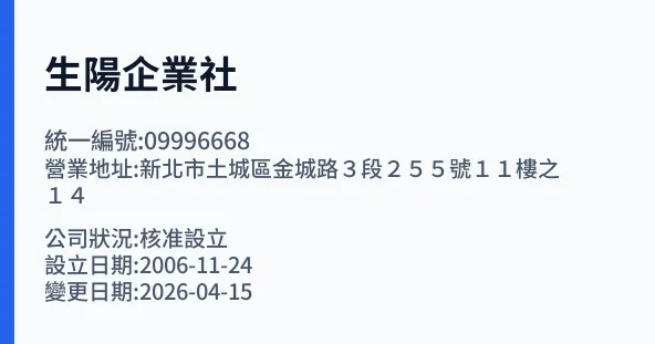 生陽企業社的照片-統編 09996668(新北市) 公司登記資料與營業項目詳細圖表