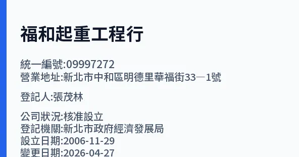 福和起重工程行的照片-統編 09997272(新北市) 公司登記資料與營業項目詳細圖表