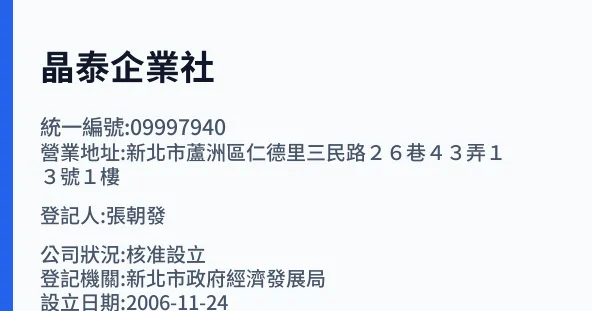 晶泰企業社的照片-統編 09997940(新北市) 公司登記資料與營業項目詳細圖表