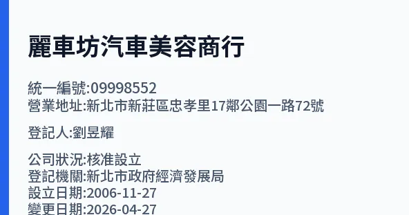 麗車坊汽車美容商行的照片-統編 09998552(新北市) 公司登記資料與營業項目詳細圖表