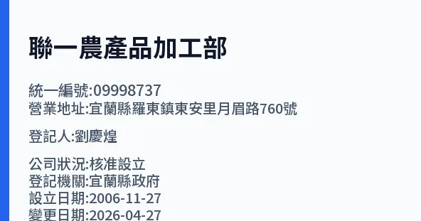 聯一農產品加工部的照片-統編 09998737(宜蘭縣) 公司登記資料與營業項目詳細圖表