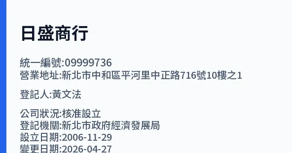 日盛商行的照片-統編 09999736(新北市) 公司登記資料與營業項目詳細圖表