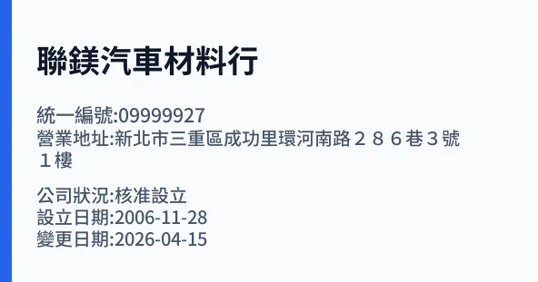 聯鎂汽車材料行的照片-統編 09999927(新北市) 公司登記資料與營業項目詳細圖表