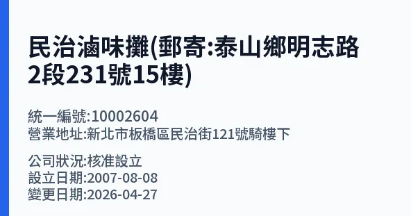 民治滷味攤(郵寄:泰山鄉明志路2段231號15樓)的照片-統編 10002604(新北市) 公司登記資料與營業項目詳細圖表