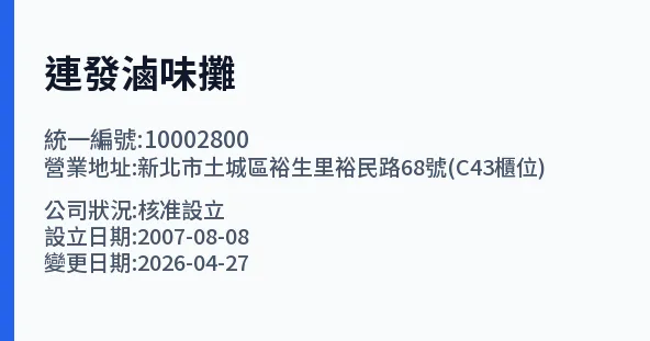 連發滷味攤的照片-統編 10002800(新北市) 公司登記資料與營業項目詳細圖表