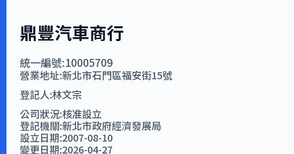 鼎豐汽車商行的照片-統編 10005709(新北市) 公司登記資料與營業項目詳細圖表