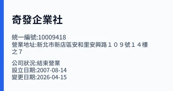 奇發企業社的照片-統編 10009418(新北市) 公司登記資料與營業項目詳細圖表