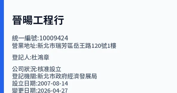 晉暘工程行的照片-統編 10009424(新北市) 公司登記資料與營業項目詳細圖表
