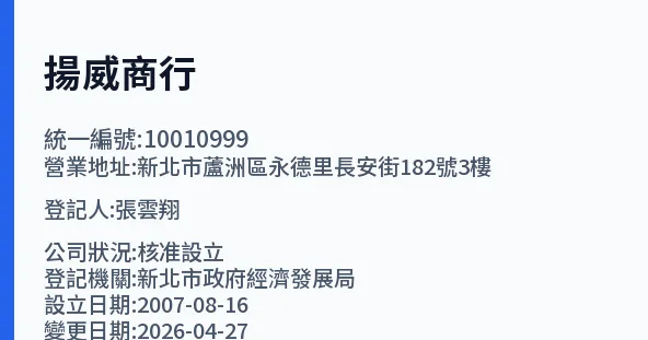 揚威商行的照片-統編 10010999(新北市) 公司登記資料與營業項目詳細圖表