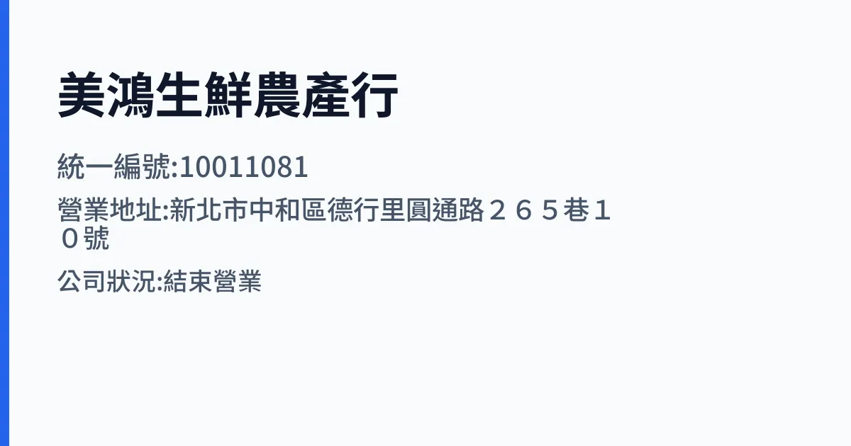 美鴻生鮮農產行 - 統編 10011081(新北市) 公司登記資料與營業項目詳細圖表