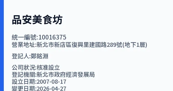 品安美食坊的照片-統編 10016375(新北市) 公司登記資料與營業項目詳細圖表