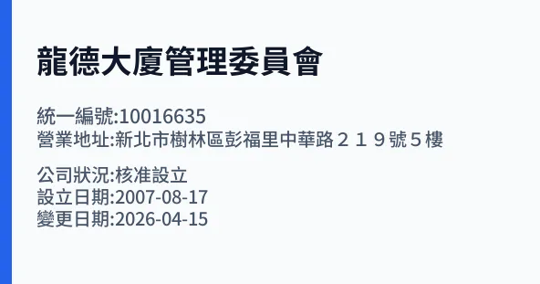 龍德大廈管理委員會的照片-統編 10016635(新北市) 公司登記資料與營業項目詳細圖表