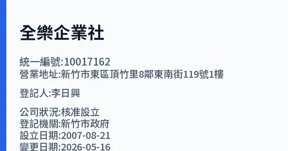 全樂企業社的照片-統編 10017162(新竹市) 公司登記資料與營業項目詳細圖表