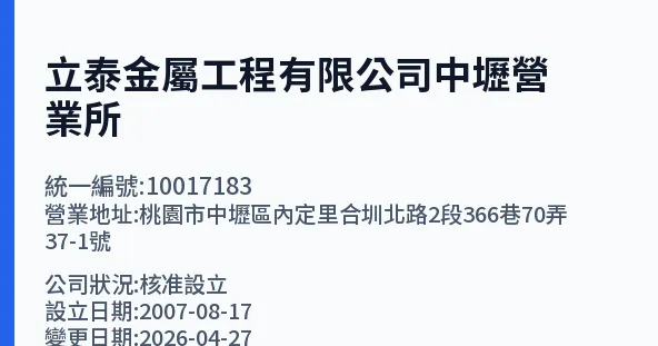 立泰金屬工程有限公司中壢營業所的照片-統編 10017183(桃園市) 公司登記資料與營業項目詳細圖表
