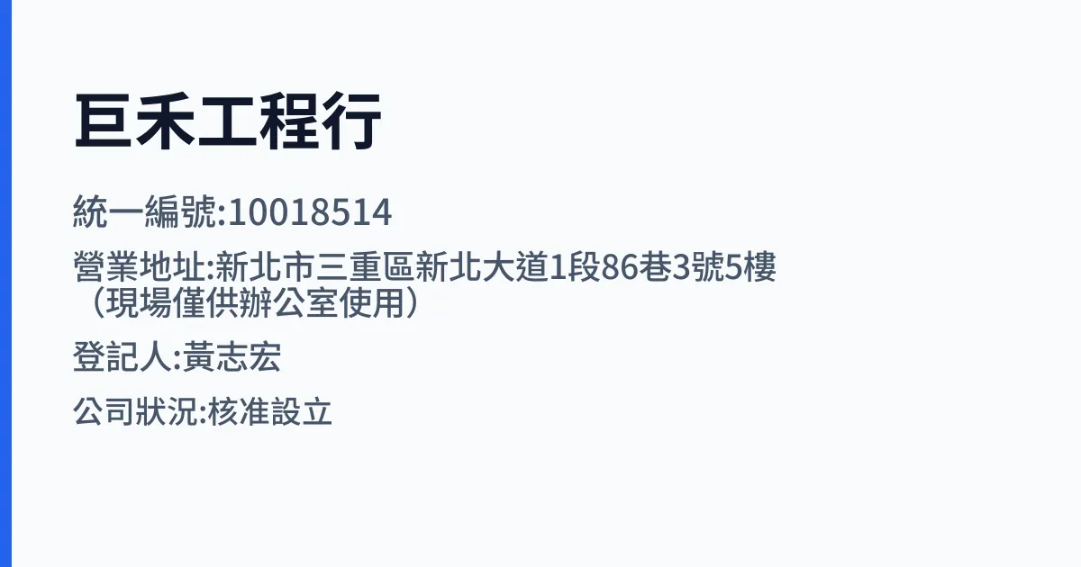 巨禾工程行 - 統編 10018514(新北市) 公司登記資料與營業項目詳細圖表