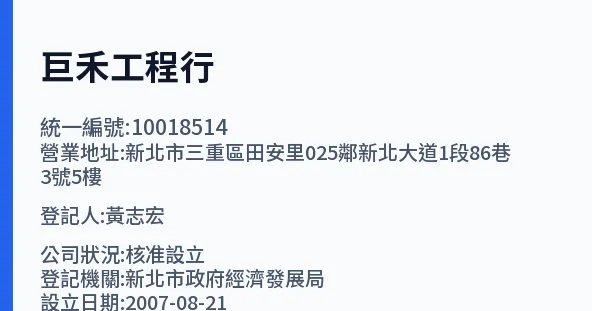 巨禾工程行的照片-統編 10018514(新北市) 公司登記資料與營業項目詳細圖表