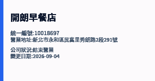 開朗早餐店的照片-統編 10018697(新北市) 公司登記資料與營業項目詳細圖表