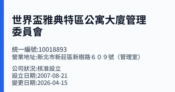 世界盃雅典特區公寓大廈管理委員會的照片-統編 10018893(新北市) 公司登記資料與營業項目詳細圖表