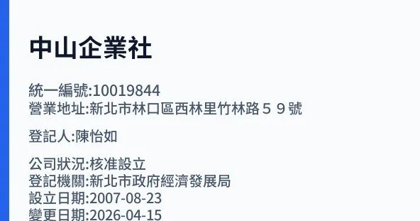 中山企業社的照片-統編 10019844(新北市) 公司登記資料與營業項目詳細圖表