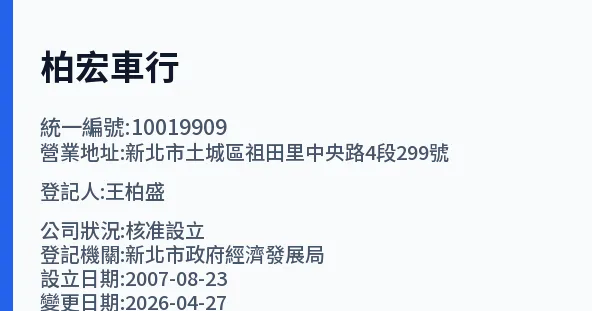 柏宏車行的照片-統編 10019909(新北市) 公司登記資料與營業項目詳細圖表