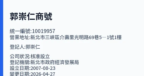 郭崇仁商號的照片-統編 10019957(新北市) 公司登記資料與營業項目詳細圖表