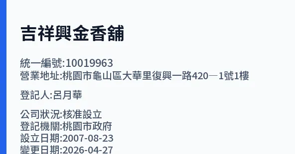 吉祥興金香舖的照片-統編 10019963(桃園市) 公司登記資料與營業項目詳細圖表