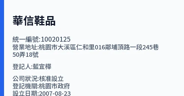 華信鞋品的照片-統編 10020125(桃園市) 公司登記資料與營業項目詳細圖表