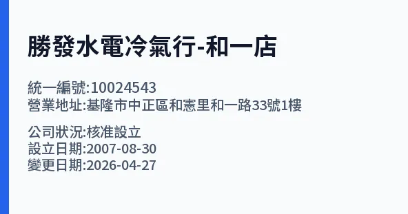 勝發水電冷氣行-和一店的照片-統編 10024543(基隆市) 公司登記資料與營業項目詳細圖表