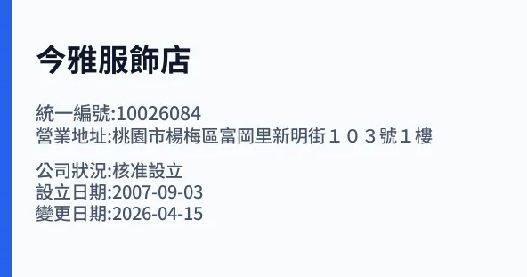 今雅服飾店的照片-統編 10026084(桃園市) 公司登記資料與營業項目詳細圖表